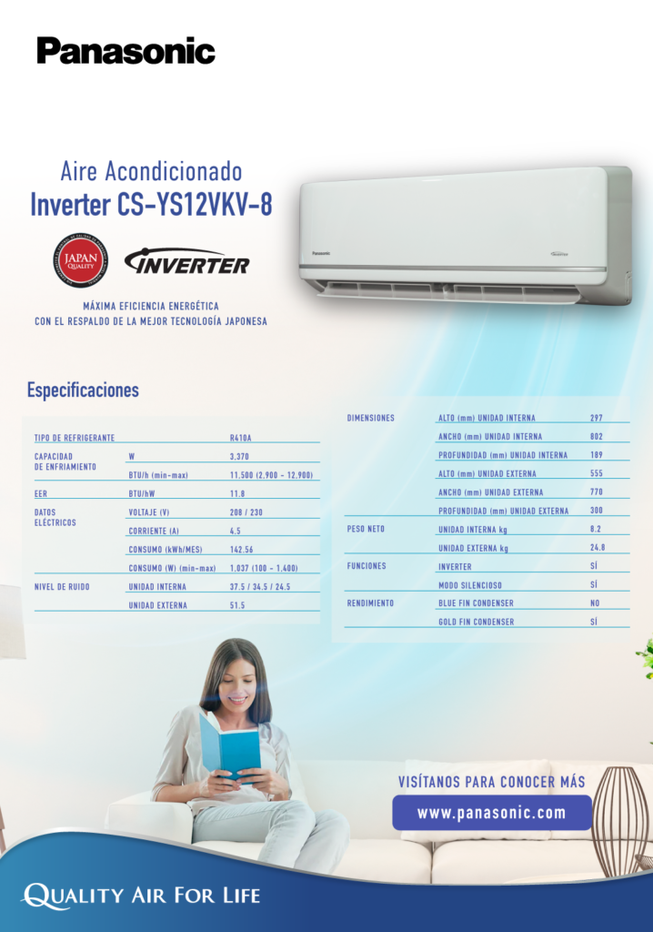 Aire Acondicionado Panasonic Inverter CS-YS12VKV-8 /12000 BTU - Airmax SAS